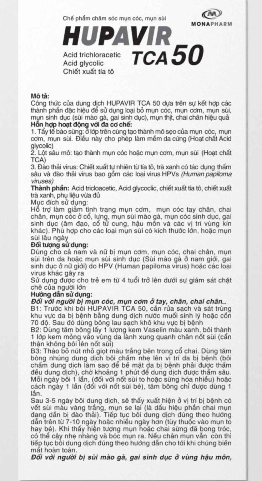 Dung dịch chấm mụn cóc, mụn sùi, mụn sinh dục Hupavir TCA 50 có hiệu quả không?